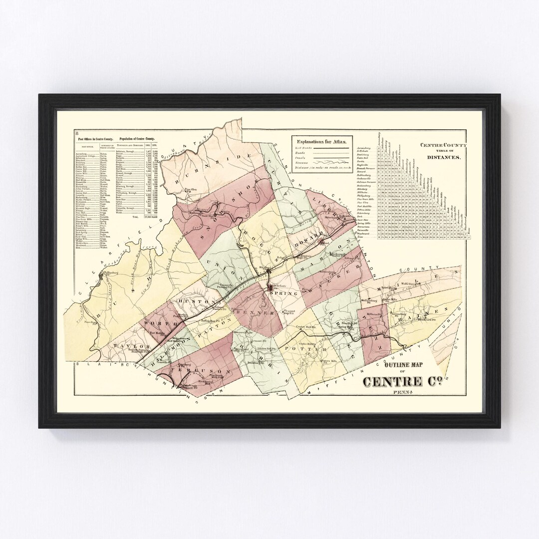Centre County Map 1874, Vintage Centre County Map, Old Centre County ...