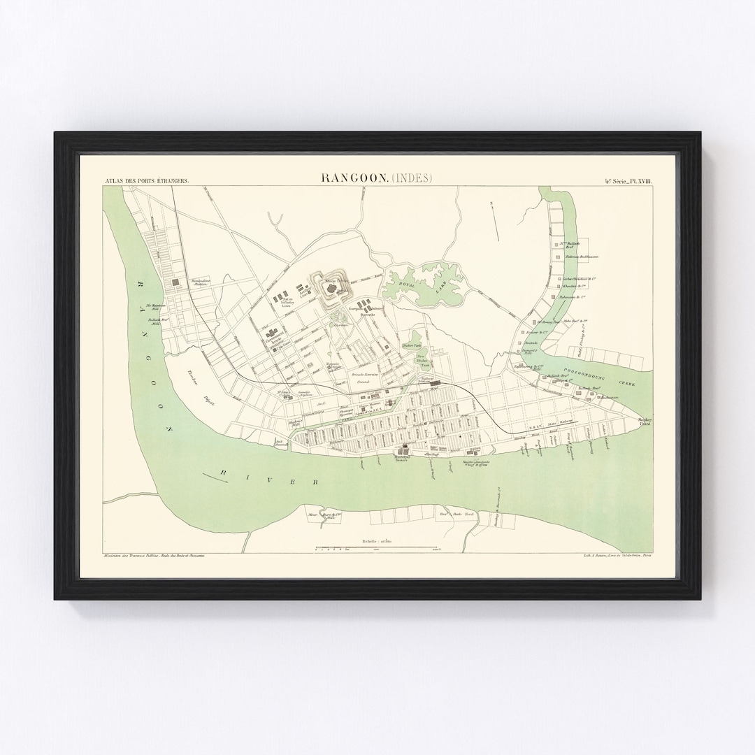 Yangon Map 1888 Old Map of Yangon Myanmar Art Vintage Print Framed Wall ...
