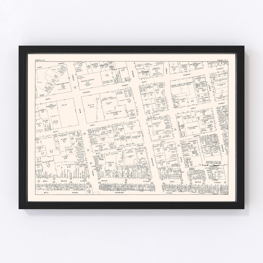 Elmira Map 1947, Vintage Elmira Map, Old Elmira New Jersey Art, Wall ...