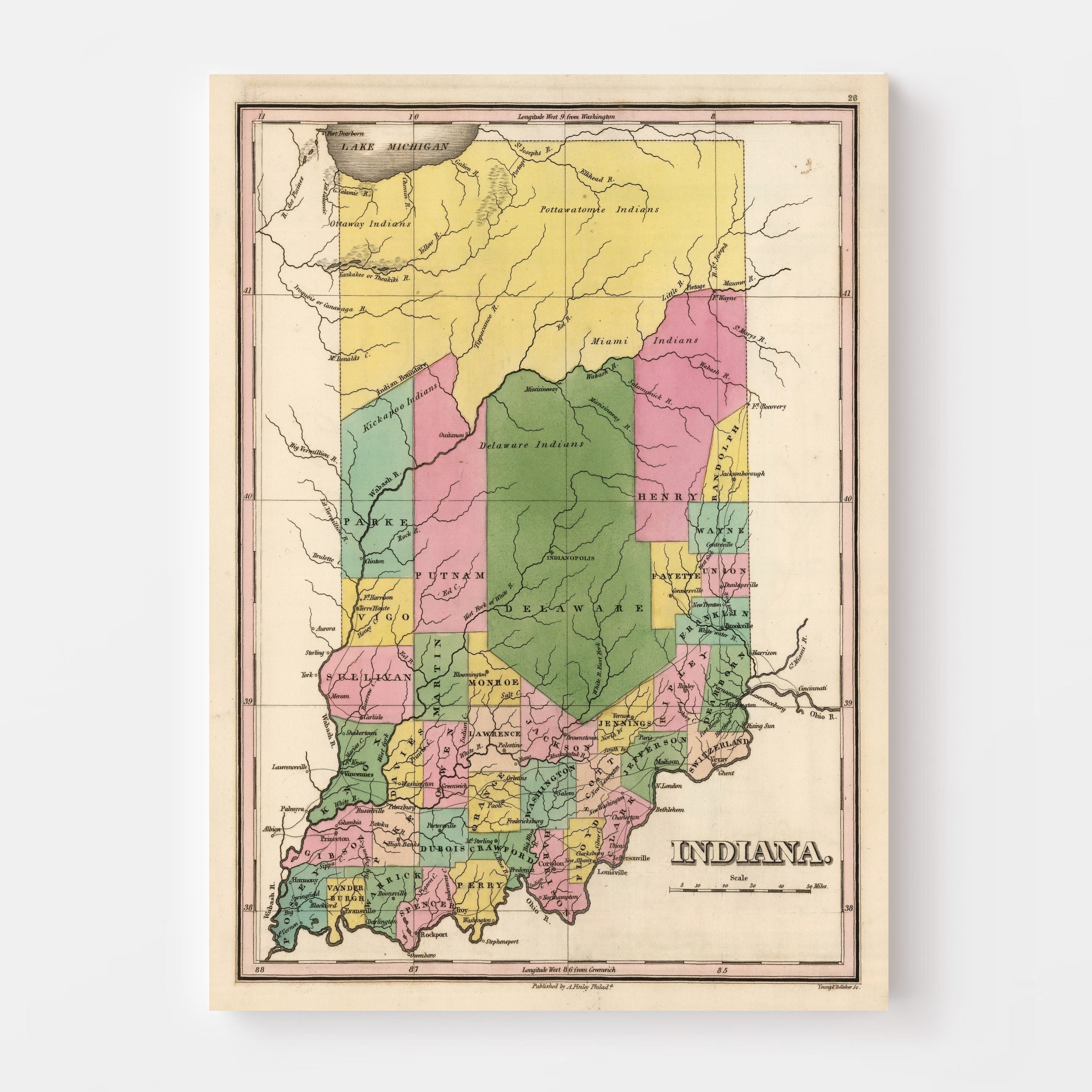 Indiana Map 1824 Old Map of Indiana Art Vintage Print Framed - Etsy