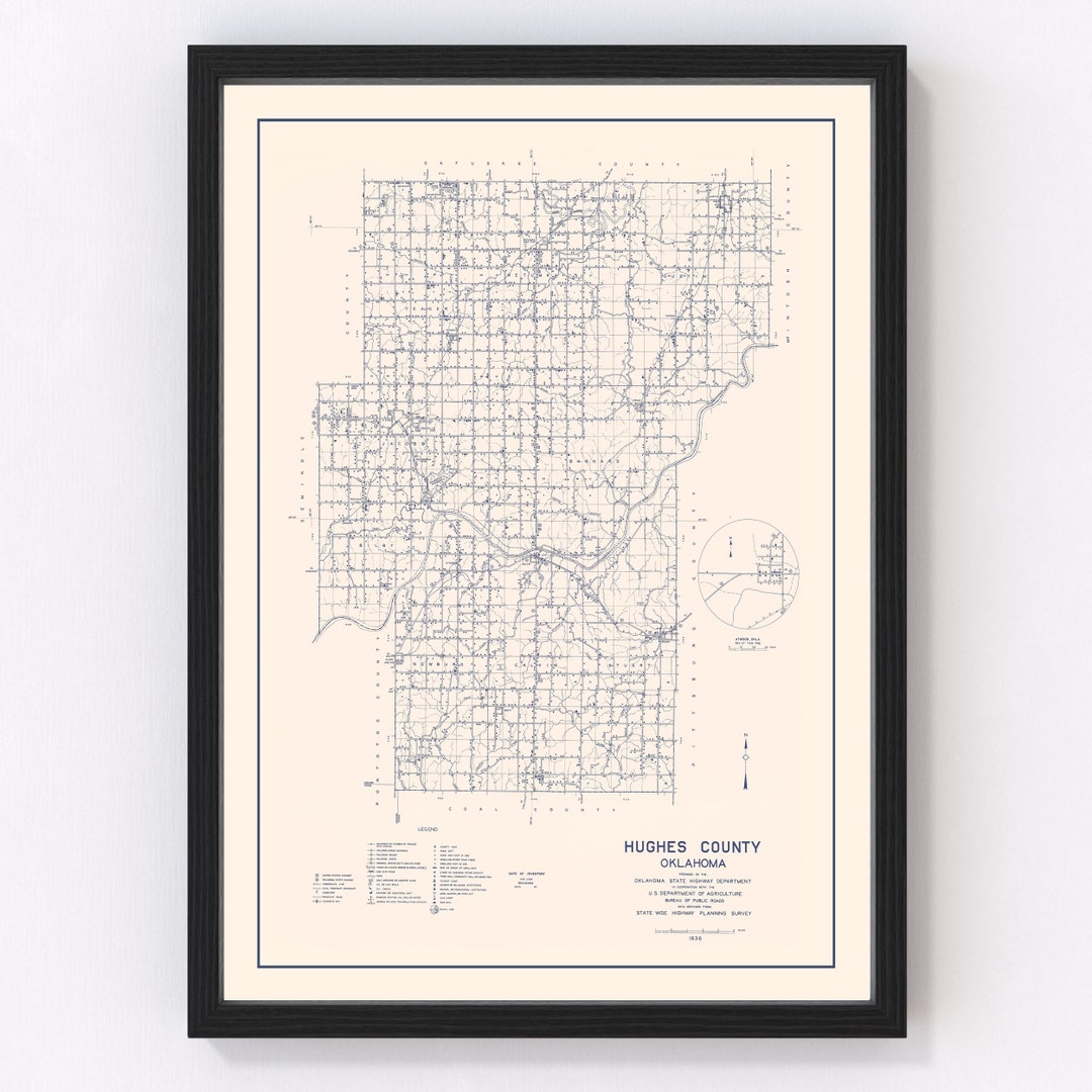 Hughes County OK Map 1936 Old Map of Oklahoma Art Vintage Print Framed ...