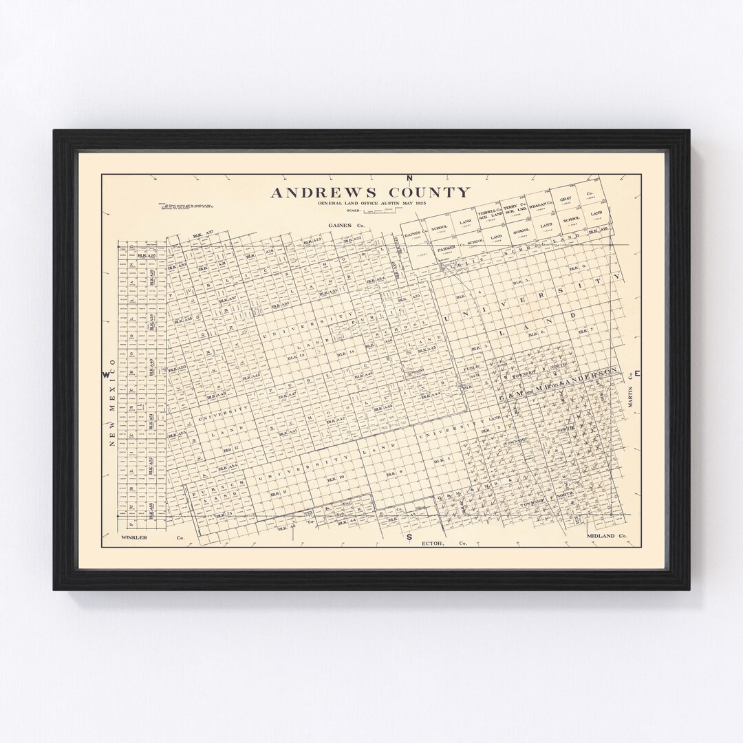 Andrews County TX Map 1925 Old Map of Texas Art Vintage Print Framed ...