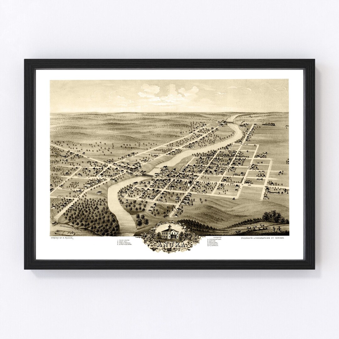 Anoka Map 1869 Old Map of Anoka Minnesota Art Vintage Print Framed ...