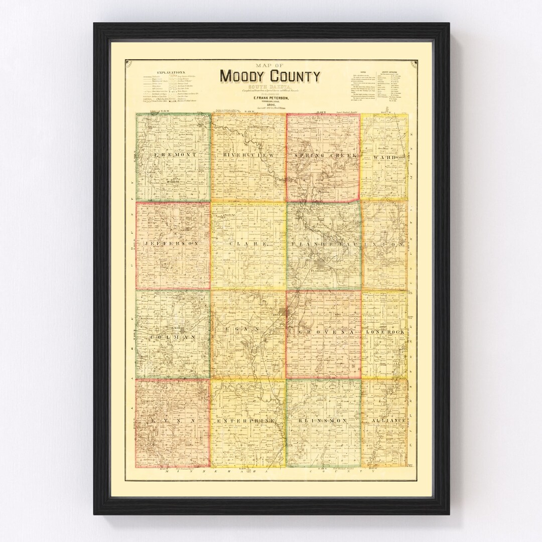 Moody County Map 1896, Vintage Moody County Map, Old Moody County South ...