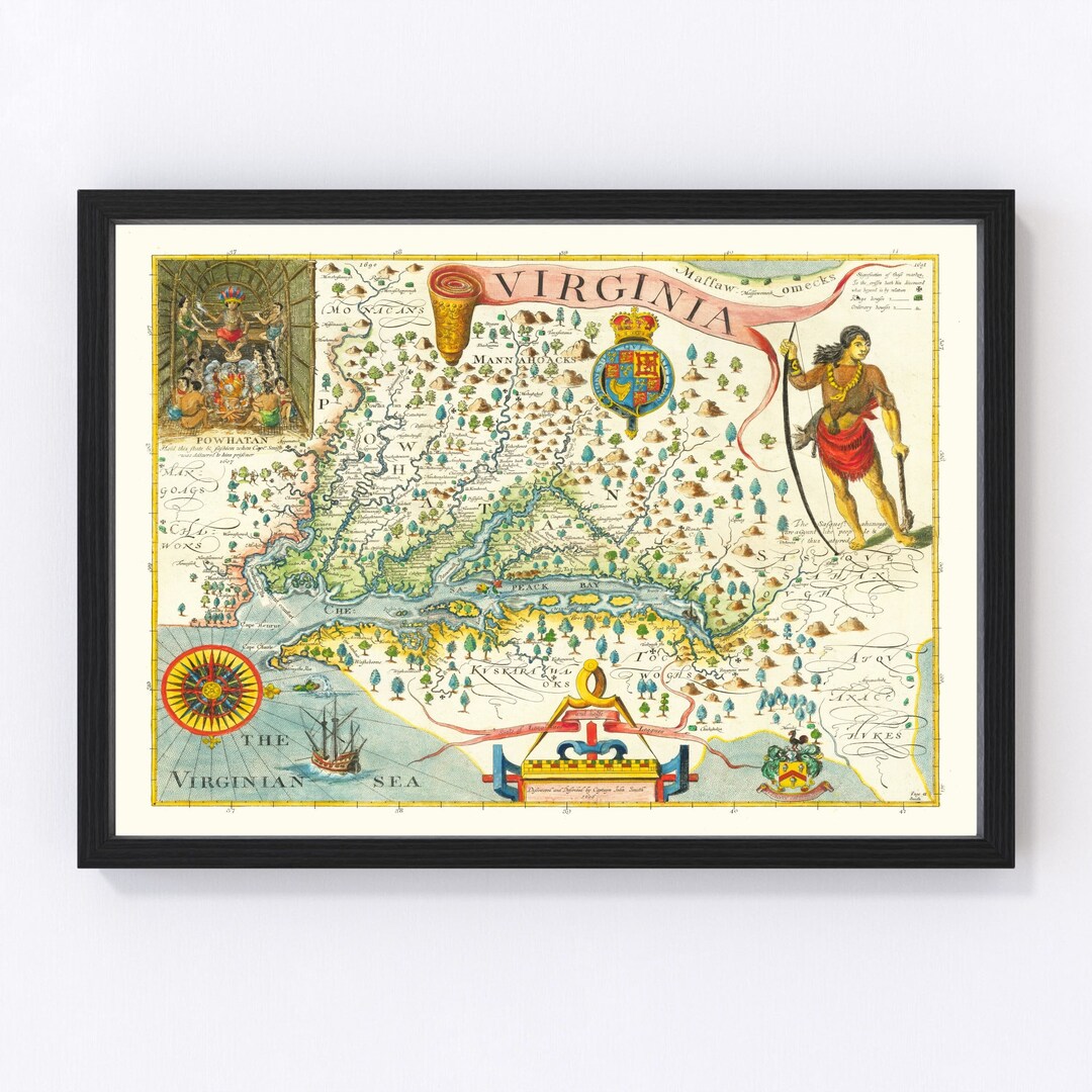 Virginia Map 1612 - Old Map of Virginia Art Vintage Print Framed Wall ...