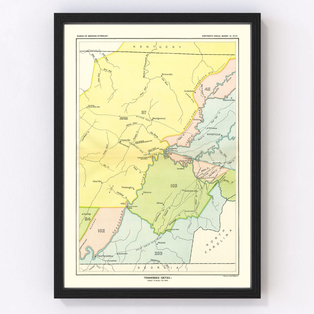Tennessee Cherokee Treaty Cessions Map 1897, Vintage Tennessee Cherokee ...