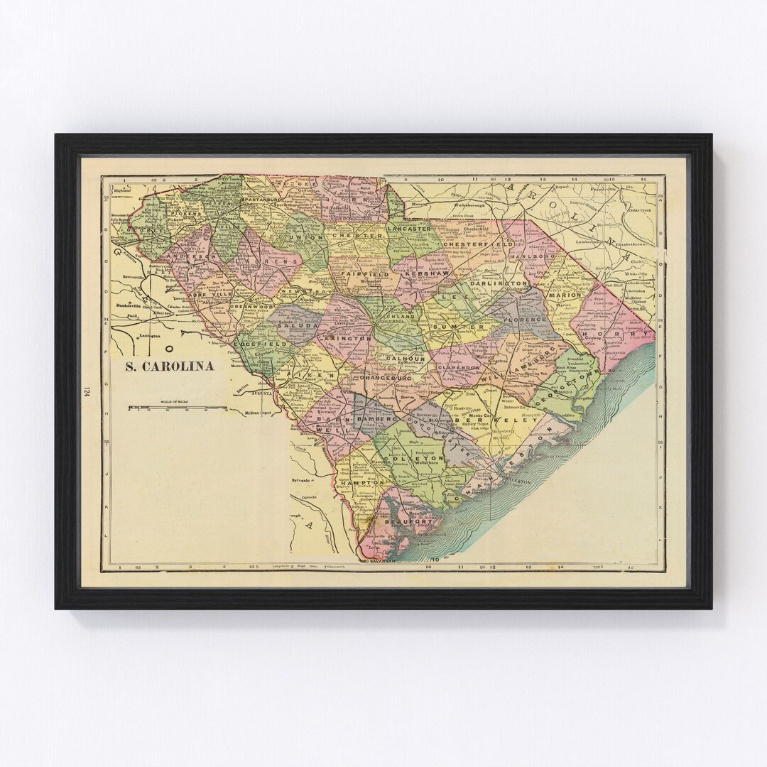 South Carolina Map 1909, Vintage South Carolina Map, Old South Carolina ...