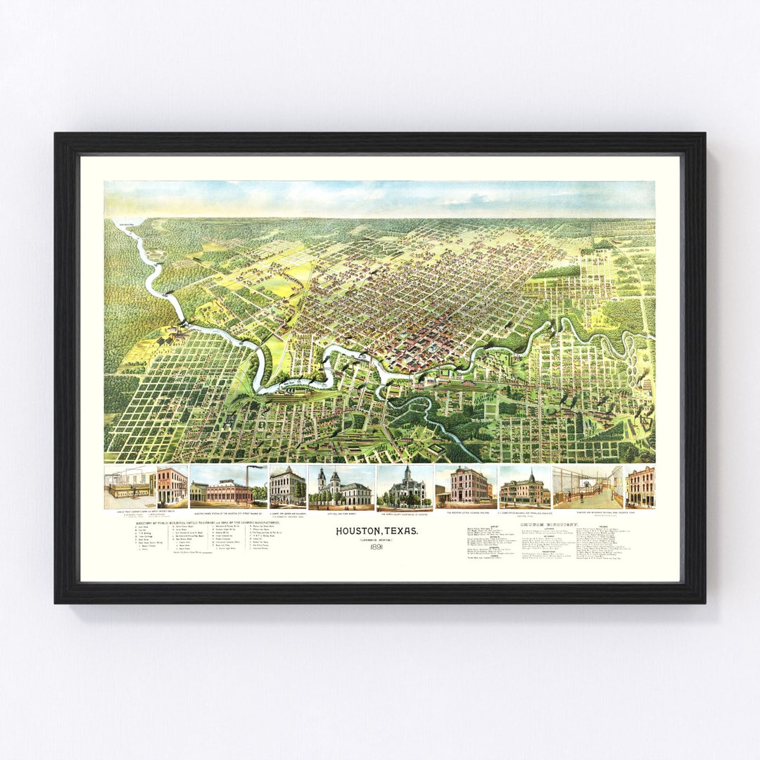 Houston Map 1891 - Old Map of Houston Texas Art Vintage Print Framed ...