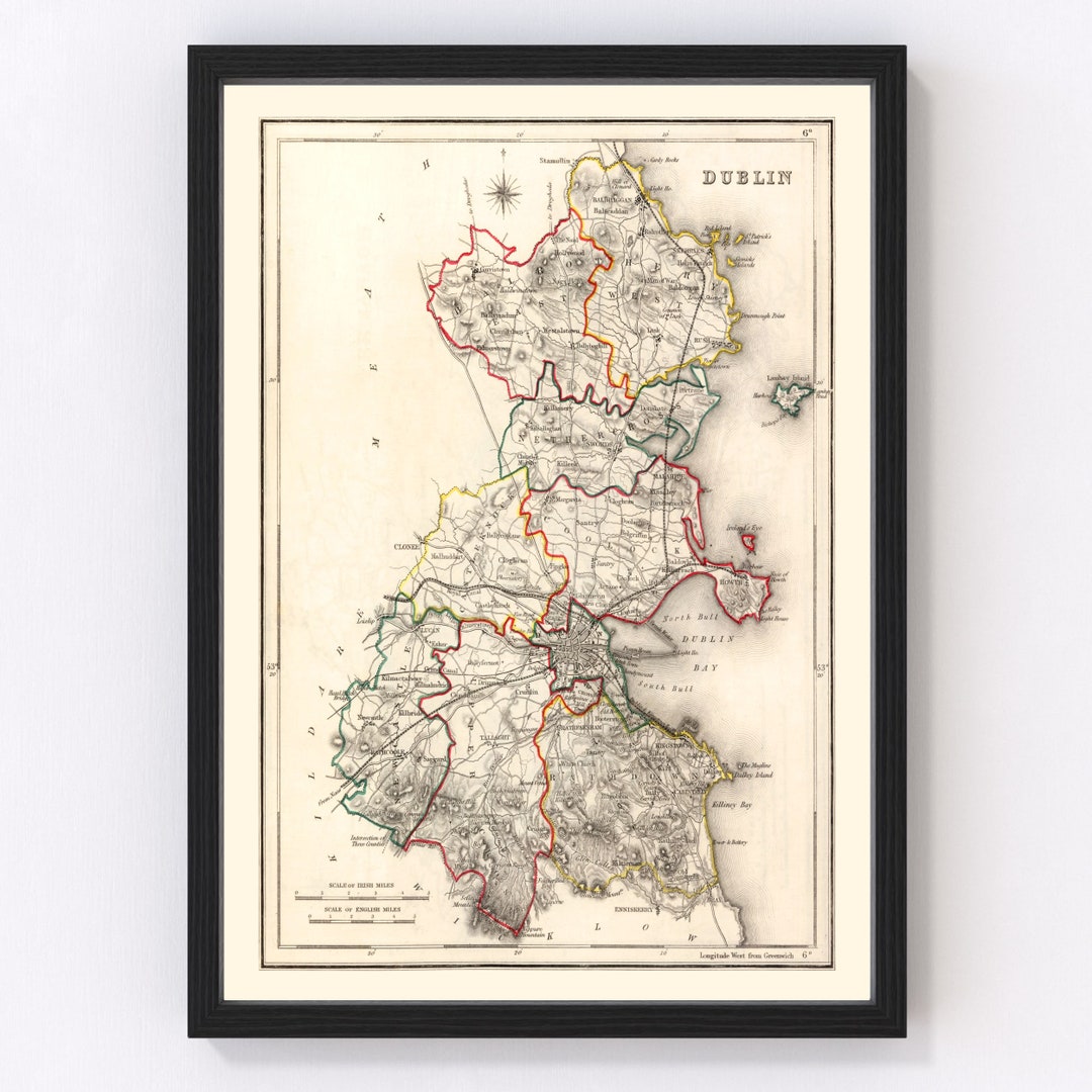 Dublin County Ireland Map 1846, Vintage Dublin County Ireland Map, Old ...