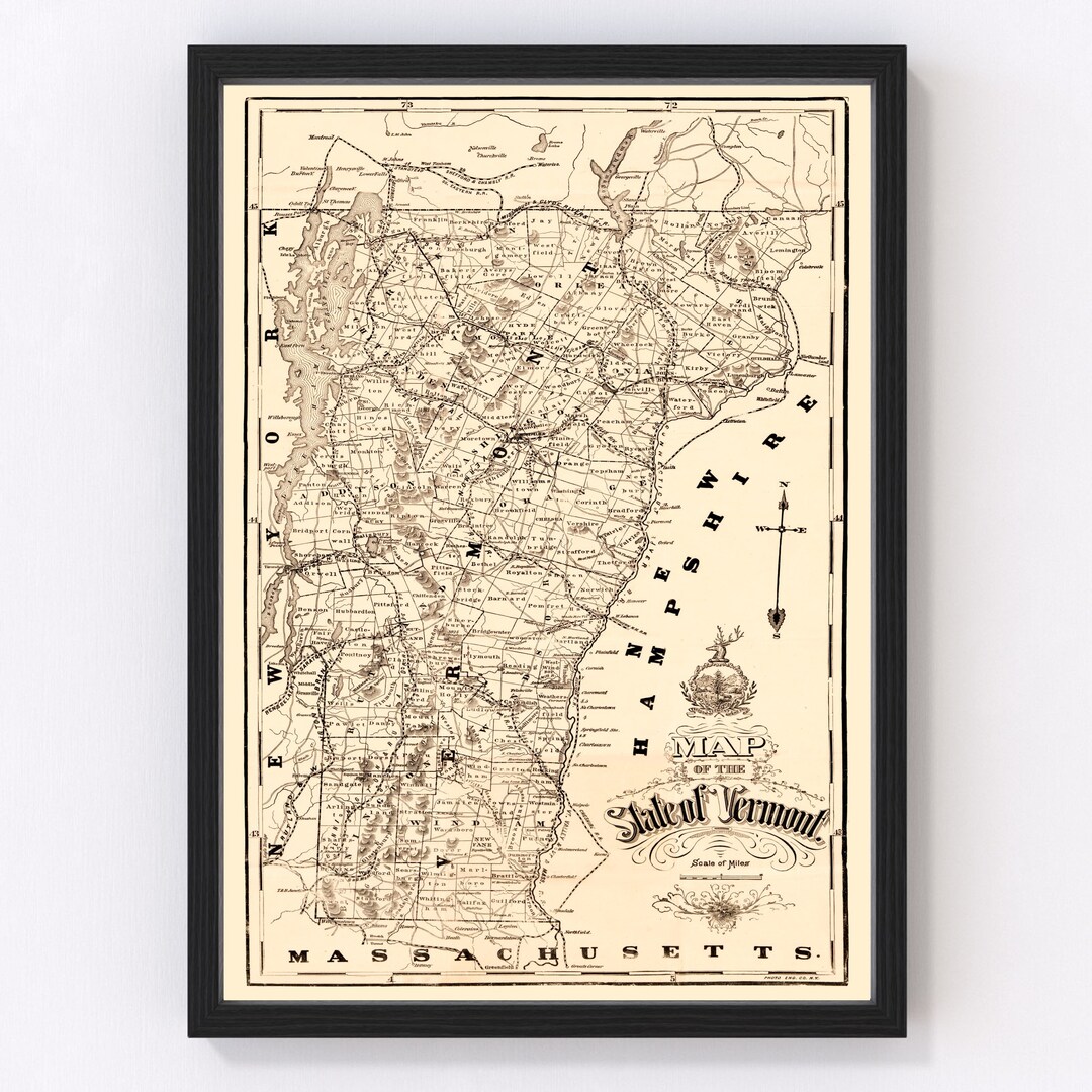 Vermont Map 1890, Vintage Vermont Map, Old Vermont Art, Wall Art Gift ...