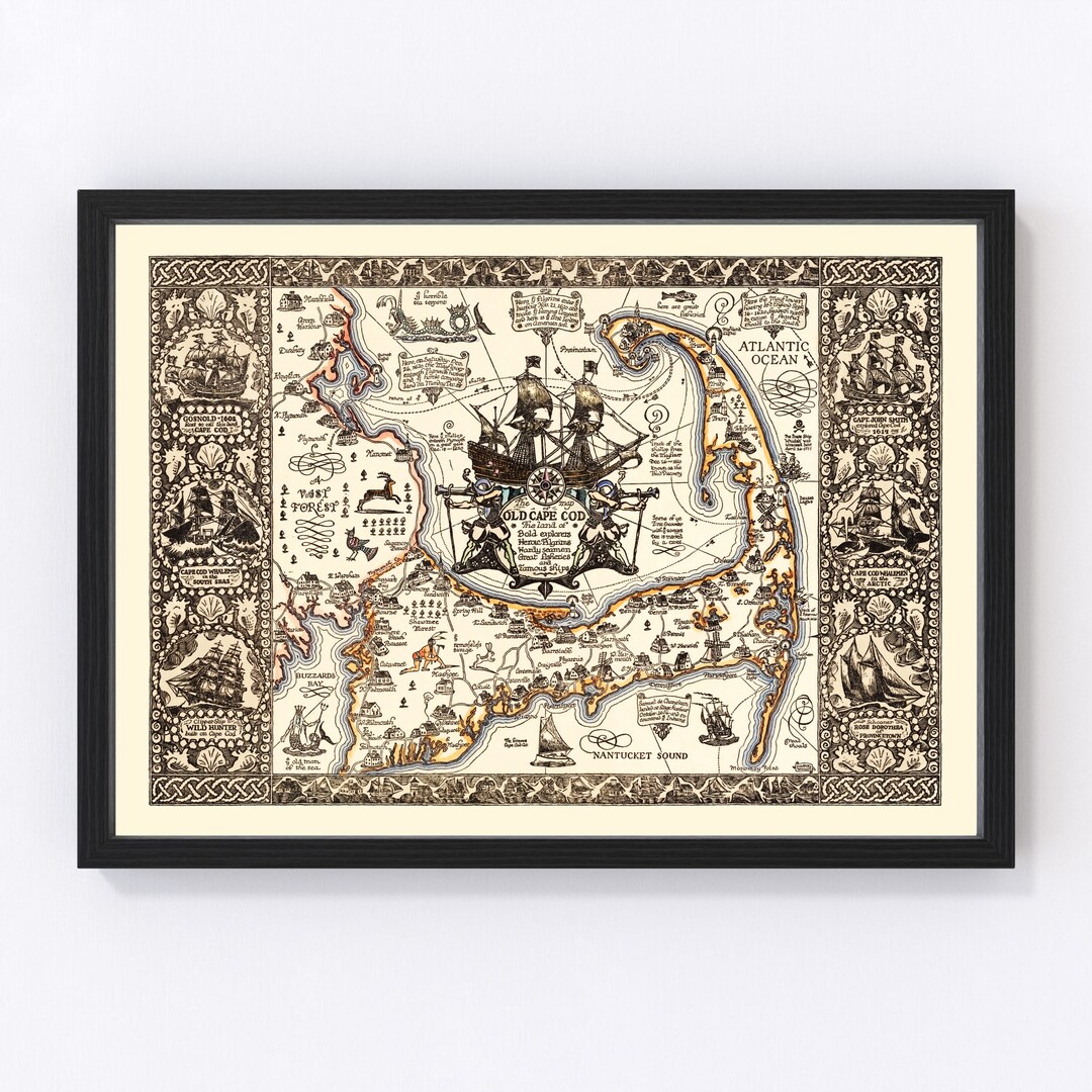 Cape Cod Map 1930 Old Map of Cape Cod Art Vintage Print Framed Wall Art ...