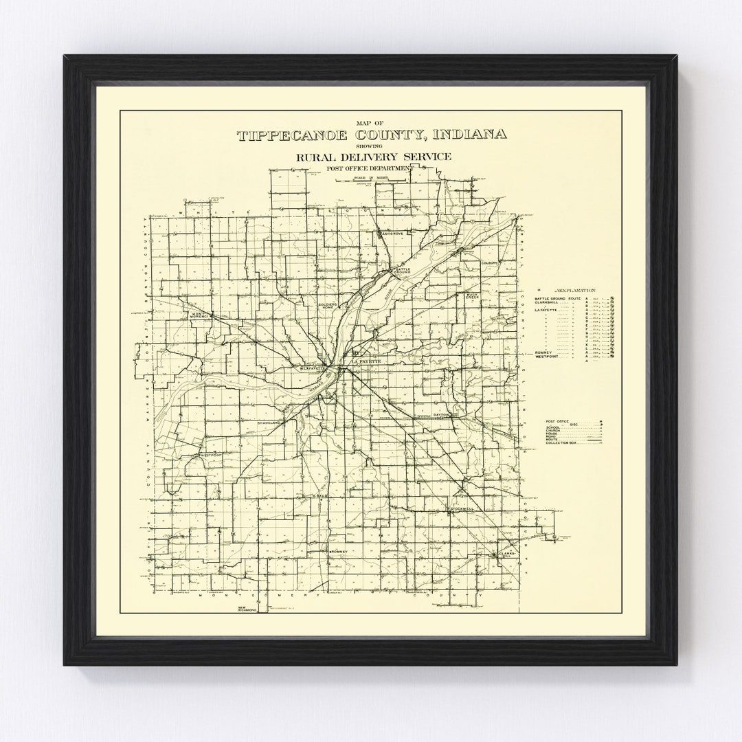 Tippecanoe County IN Map 1911 Old Map of Indiana Art Vintage Print ...