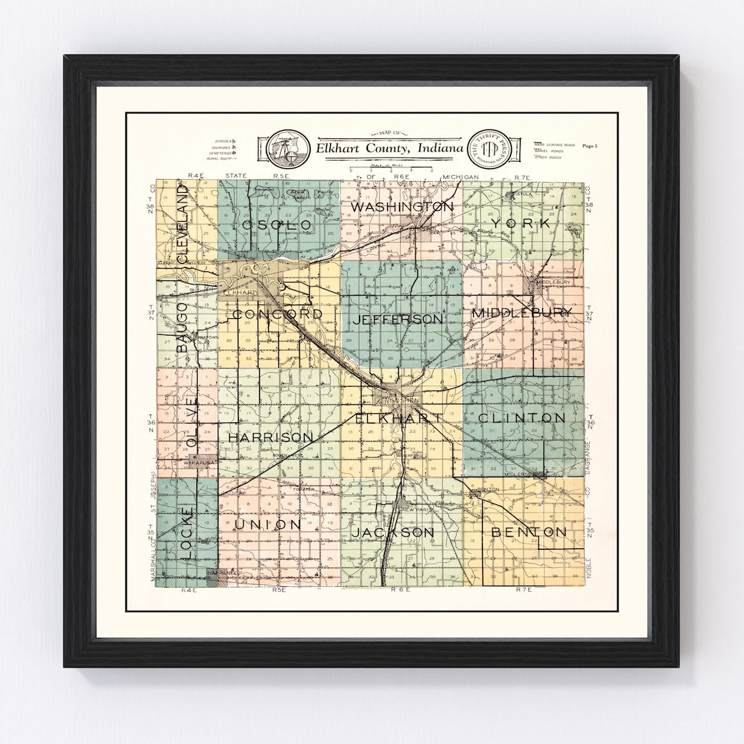 Elkhart County Map 1929, Vintage Elkhart County Map, Old Elkhart County ...
