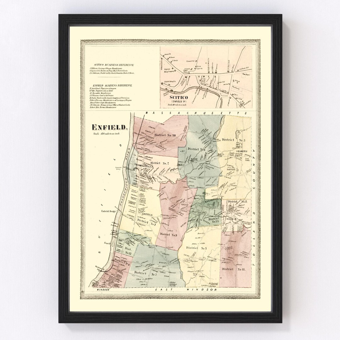 Enfield Map 1869, Vintage Enfield Map, Old Enfield Connecticut Art ...