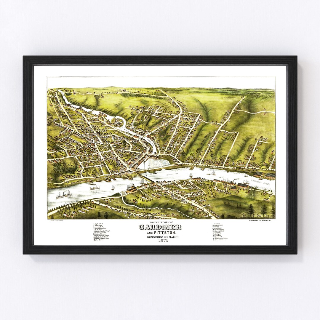 Gardiner & Pittston Map 1878 - Old Map of Gardiner Pittston Maine Art ...