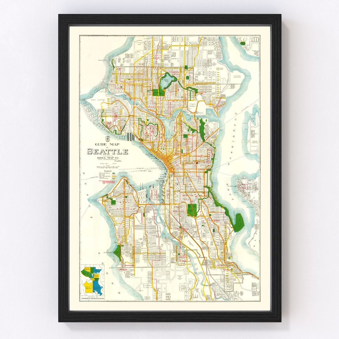Seattle Map 1929 Old Map of Seattle Washington Art Vintage Print Framed ...
