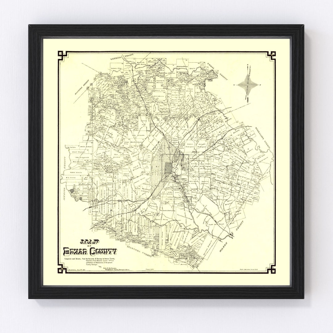Bexar County Map 1887, Vintage Bexar County Map, Old Bexar County Texas ...