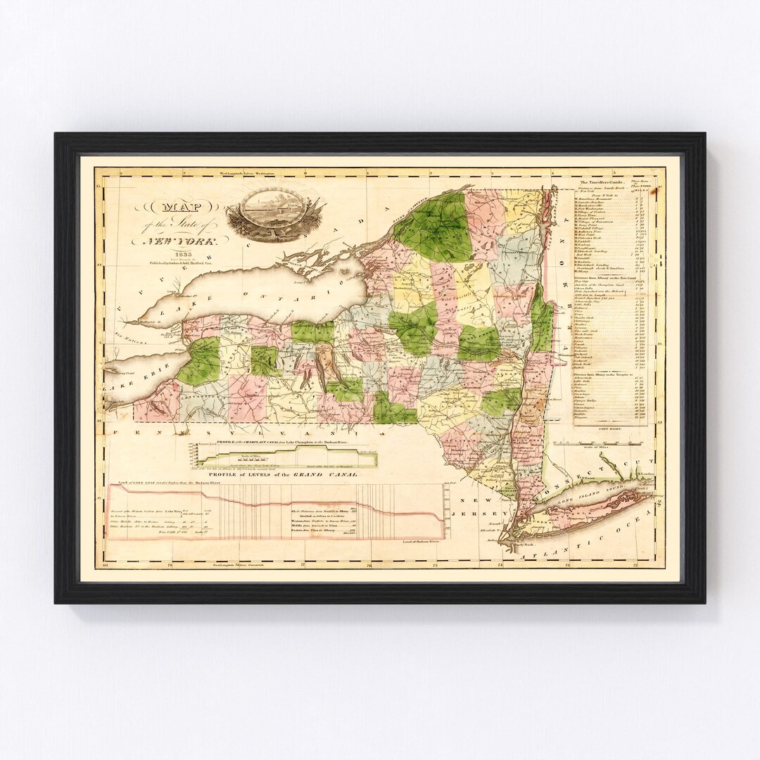 New York Map 1833, Vintage New York Map, Old New York Art, Wall Art ...