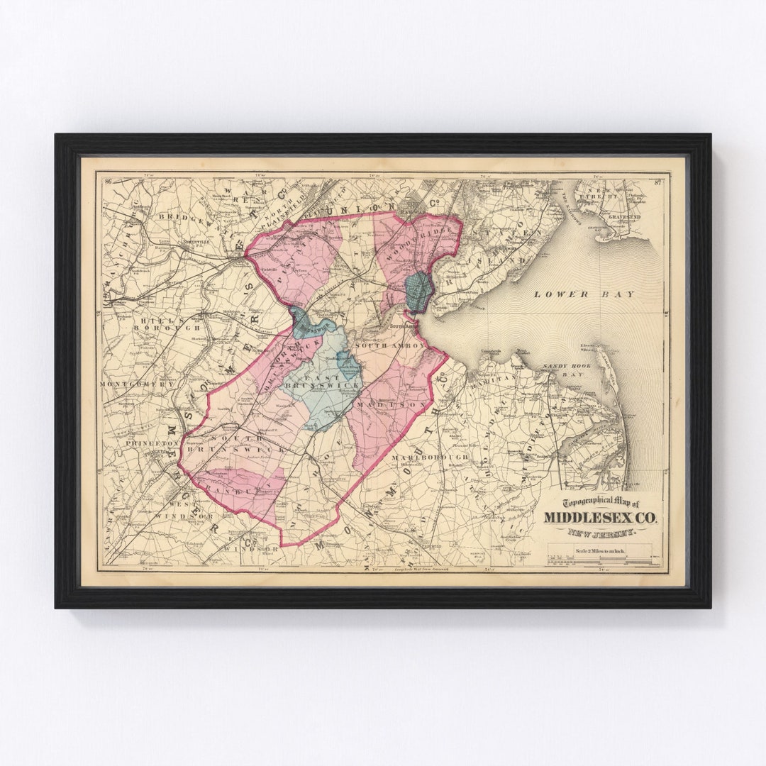 Middlesex County Nj Map 1872 Old Map Of New Brunswick New Jersey Art Vintage Print Framed Canvas