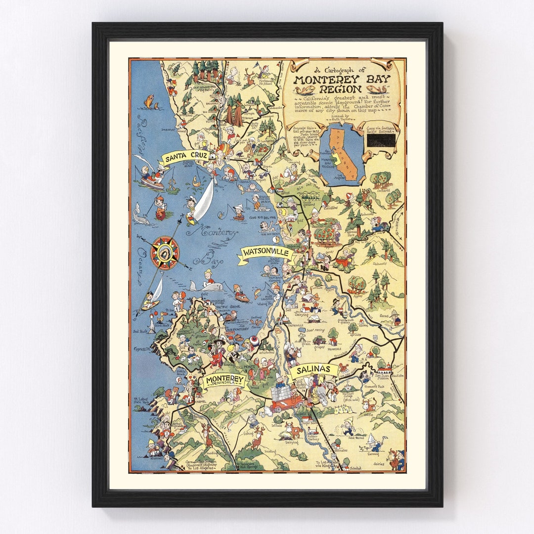 Monterey Bay Map 1932 Old Map of Monterey Bay Art Vintage Print Framed ...