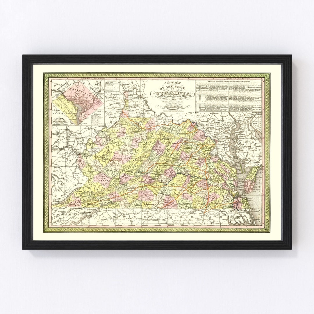 Virginia Map 1854, Vintage Virginia Map, Old Virginia Art, Wall Art ...