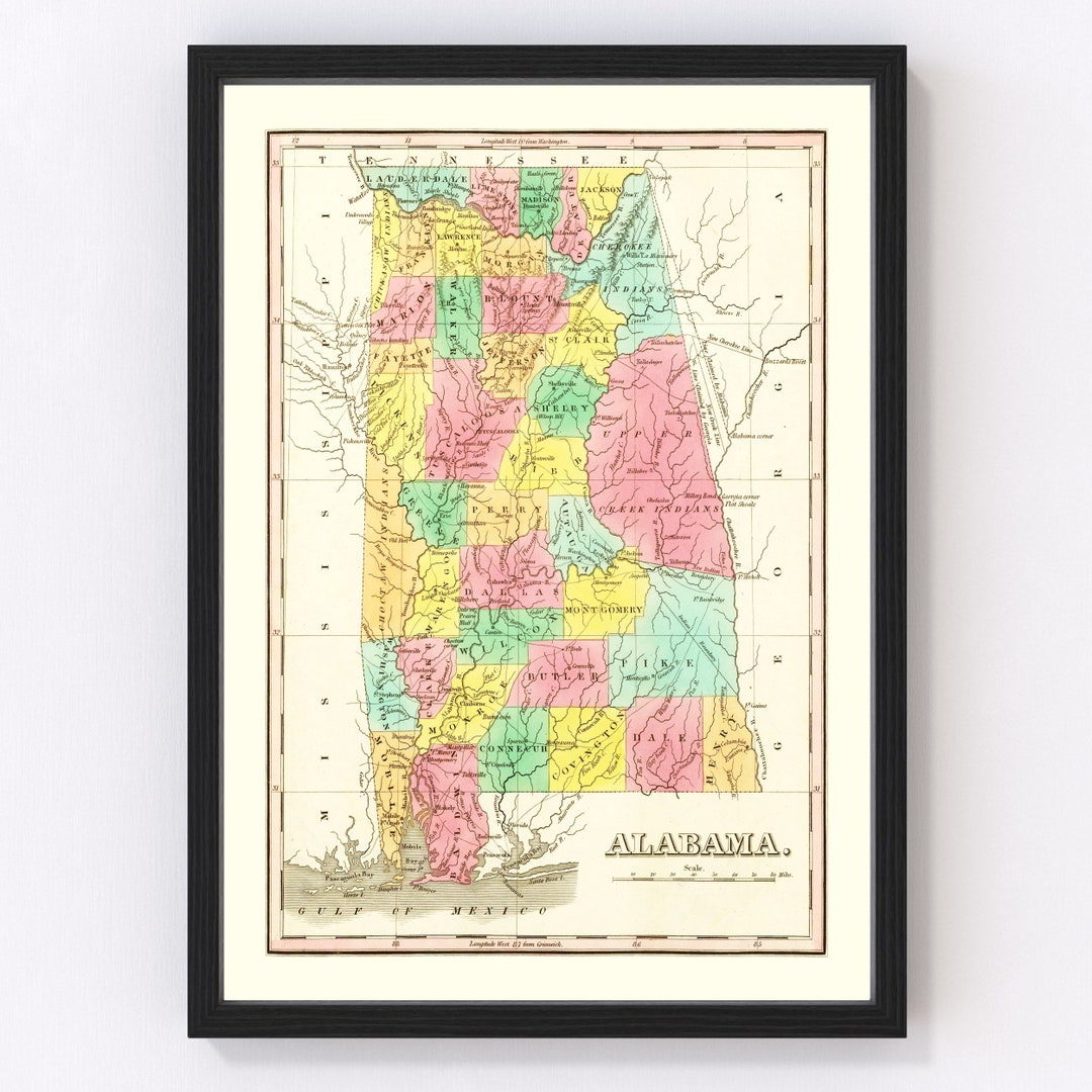 Alabama Map 1831, Vintage Alabama Map, Old Alabama Art, Wall Art Gift ...