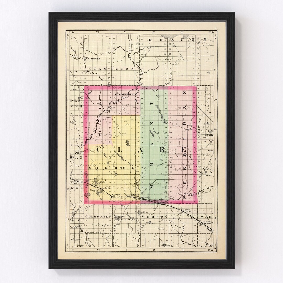 Clare County Map 1873, Vintage Clare County Map, Old Clare County ...