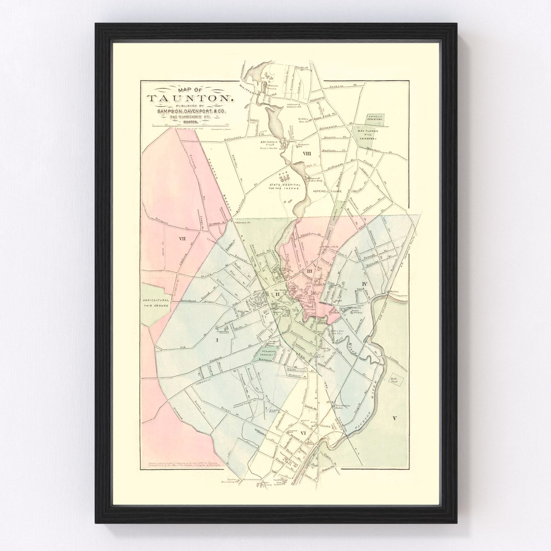 Taunton Map 1874, Vintage Taunton Map, Old Taunton Massachusetts Art ...