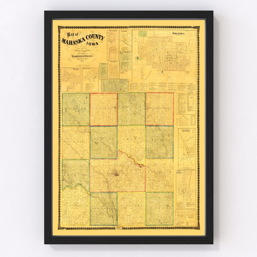 Mahaska County Map 1871, Vintage Mahaska County Map, Old Mahaska County ...