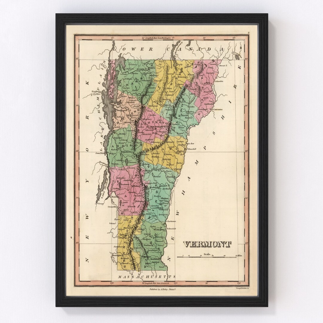 Vermont Map 1824 - Old Map of Vermont Art Vintage Print Framed Wall Art ...