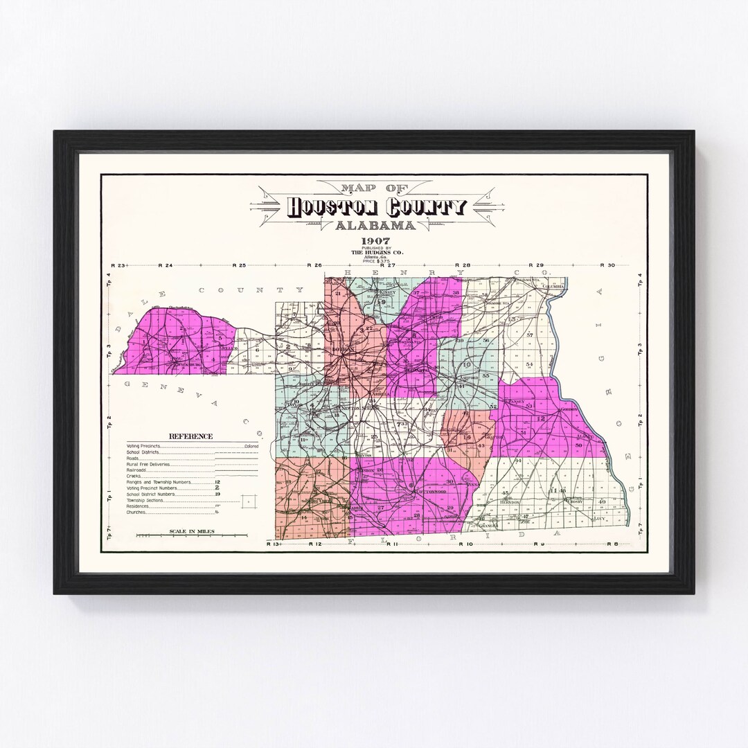 Houston County AL Map 1907 Old Map of Alabama Art Vintage Print Framed ...