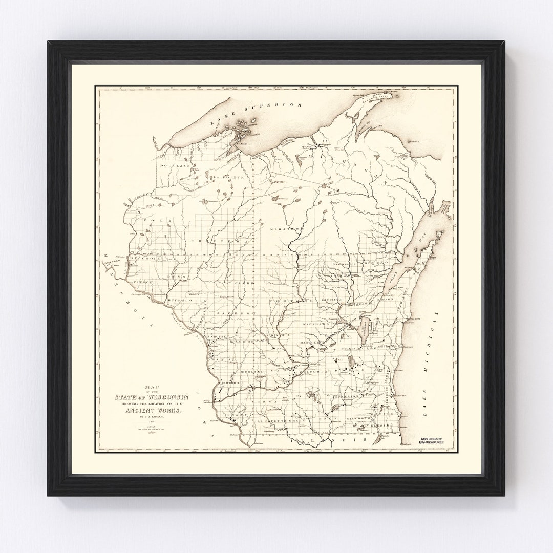 Wisconsin Map 1855, Vintage Wisconsin Map, Old Wisconsin Art, Wall Art ...