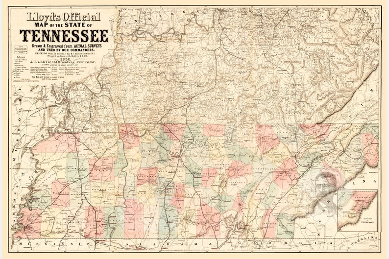 Vintage Tennessee Map 1862 Old Map of Tennessee Historical | Etsy
