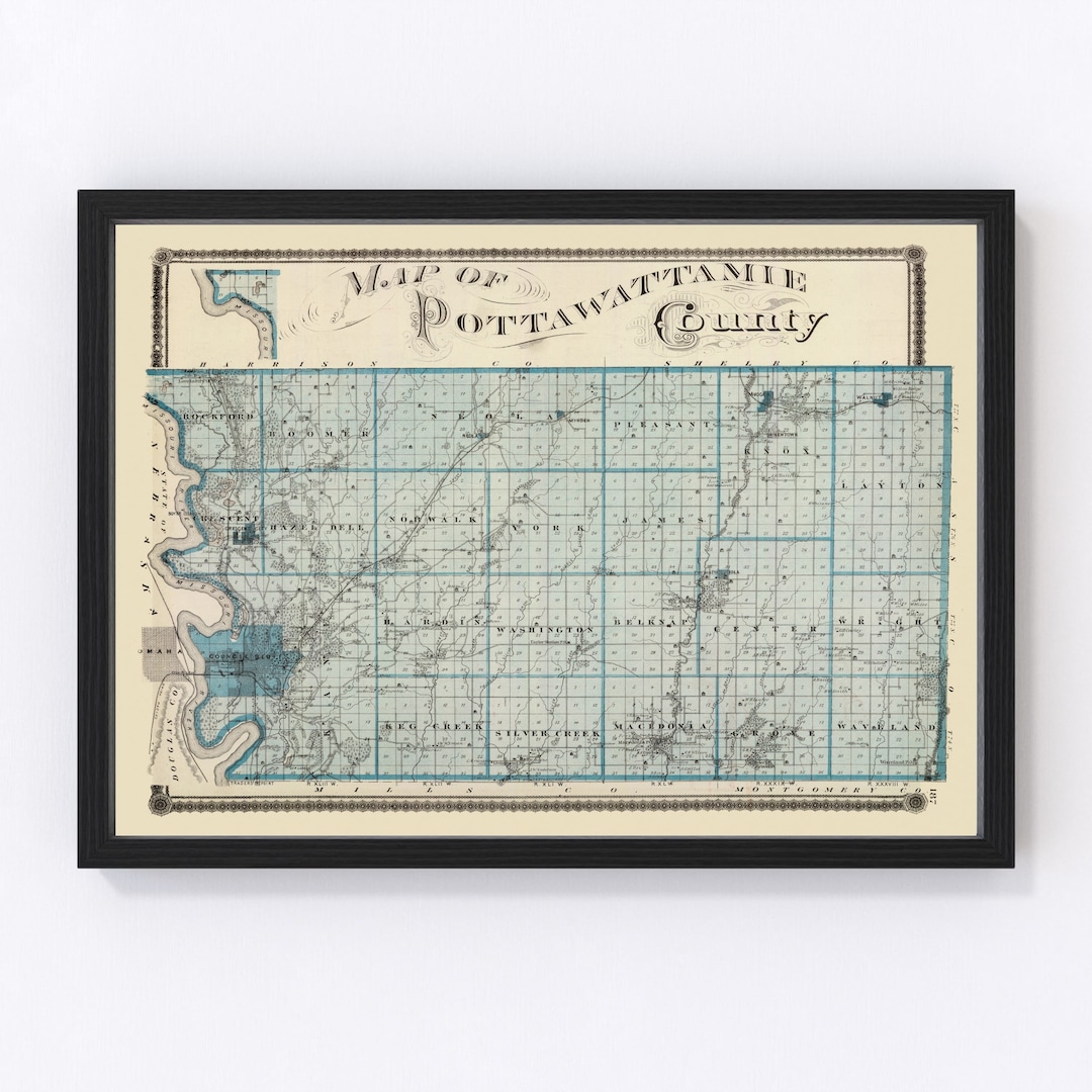 Pottawattamie County IA Map 1875 Old Map of Council Bluffs Iowa Art ...