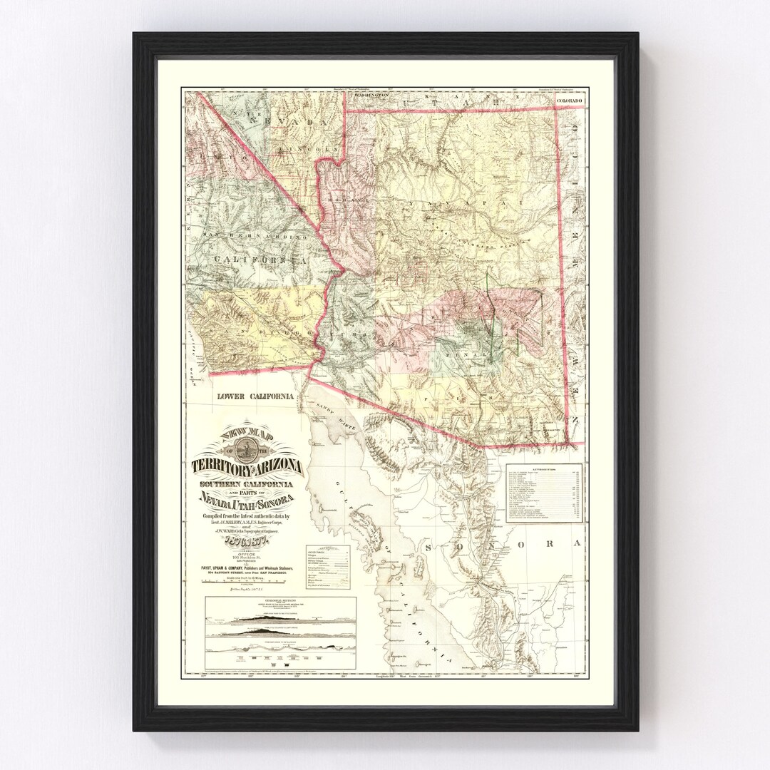 Arizona Map 1877 Old Map of Arizona Art Vintage Print Framed Wall Art ...