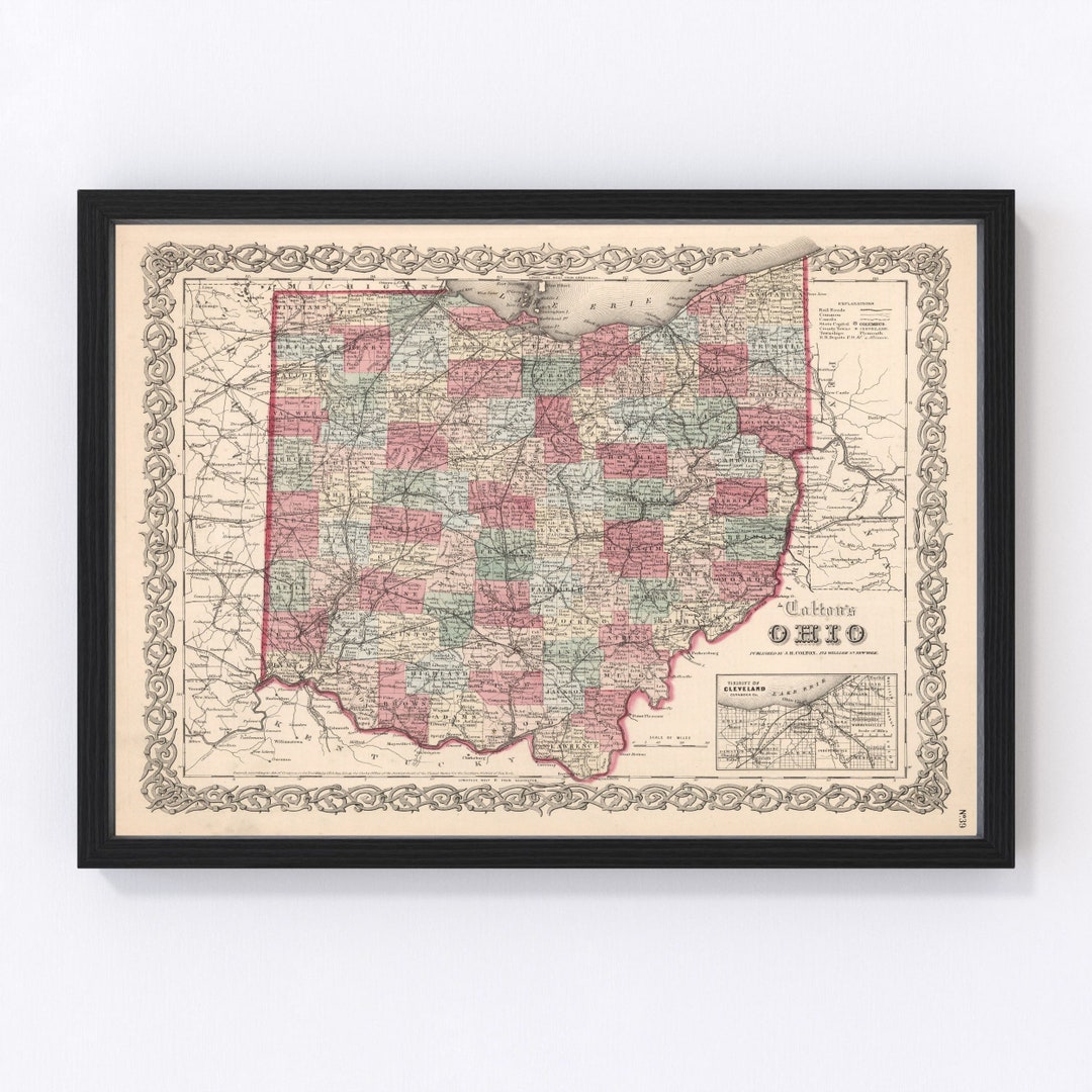 Ohio Map 1861 Old Map of Ohio Art Vintage Print Framed Wall Art Canvas ...