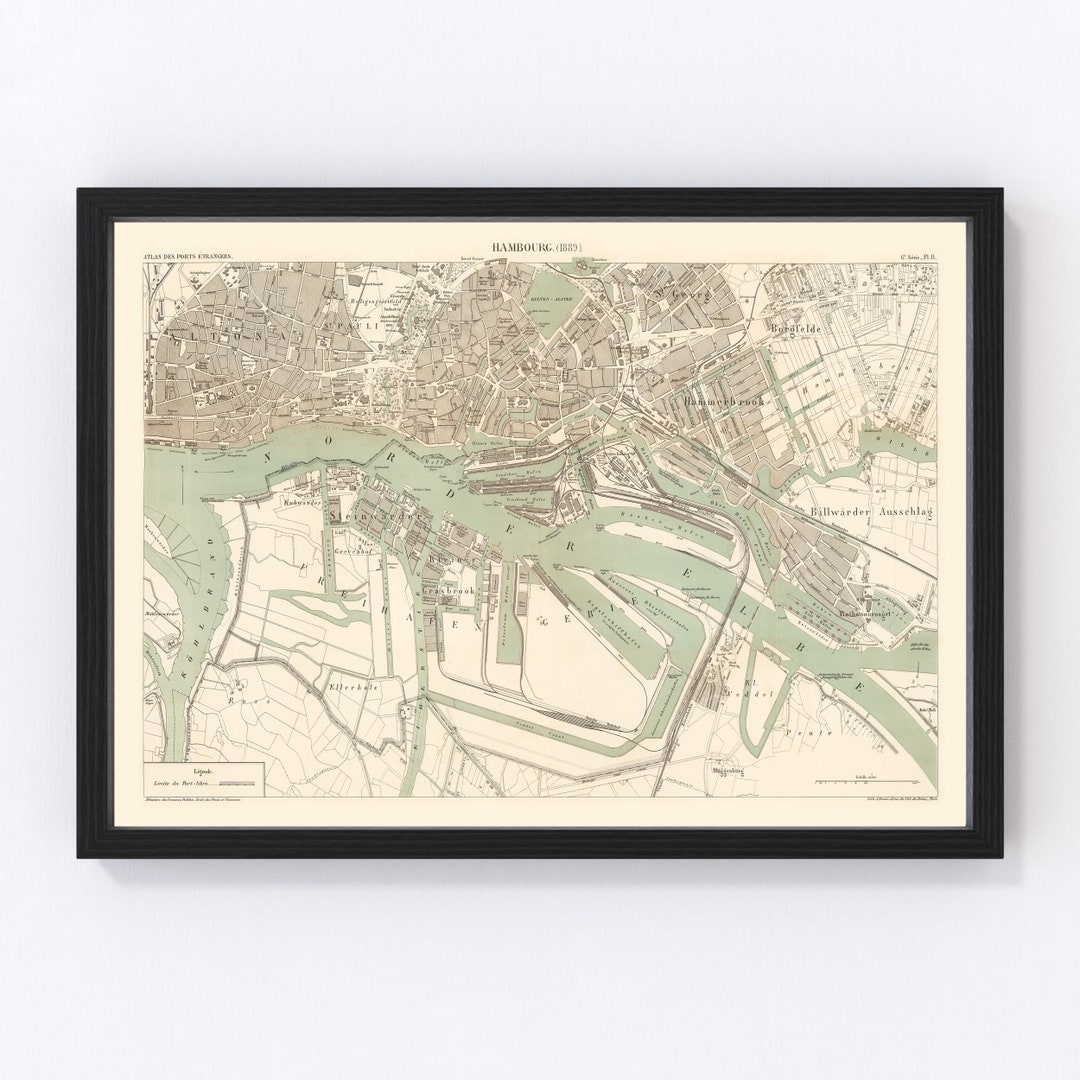 Hamburg Map 1889 Old Map of Hamburg Germany Art Vintage Print Framed ...