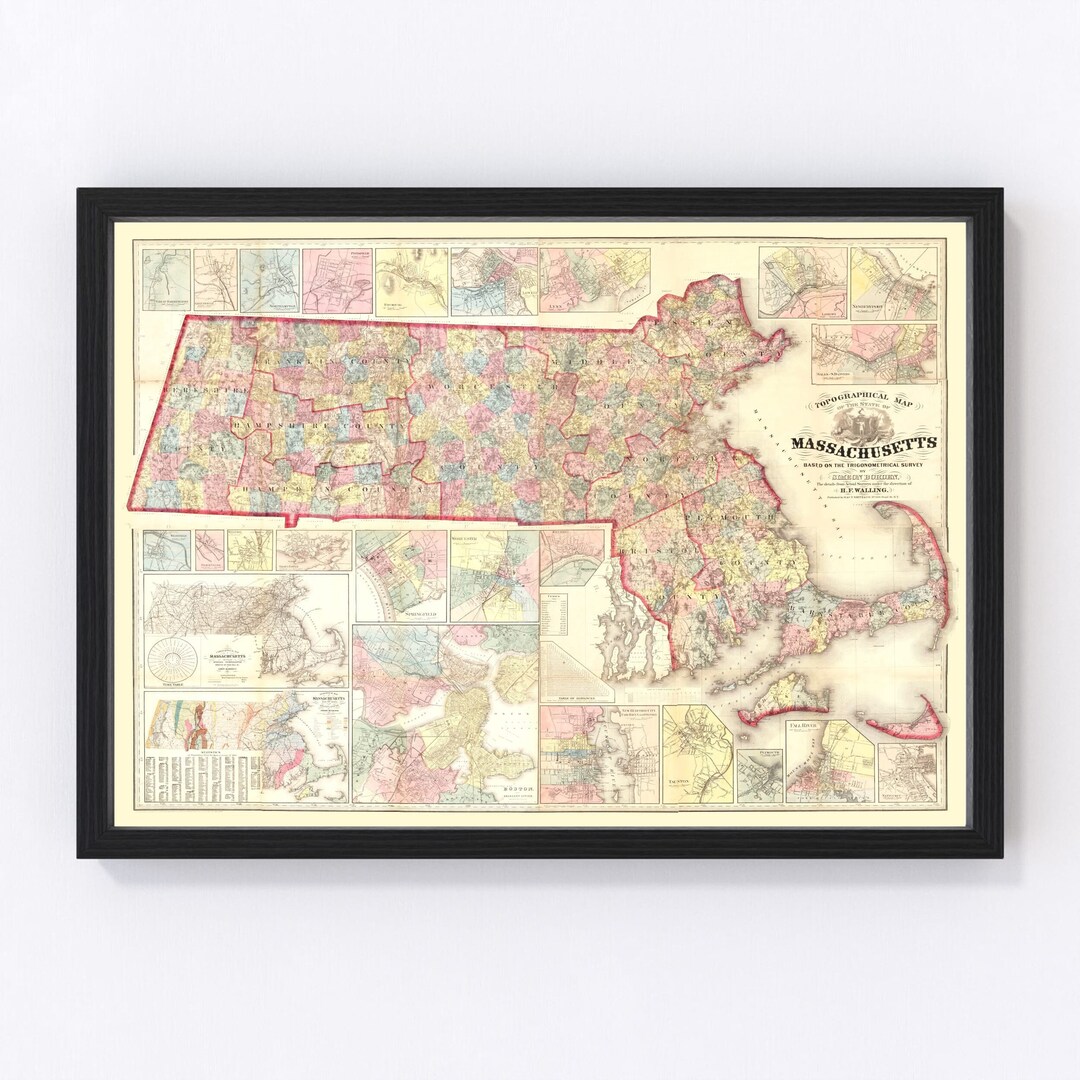 Massachusetts Map 1861, Vintage Massachusetts Map, Old Massachusetts ...