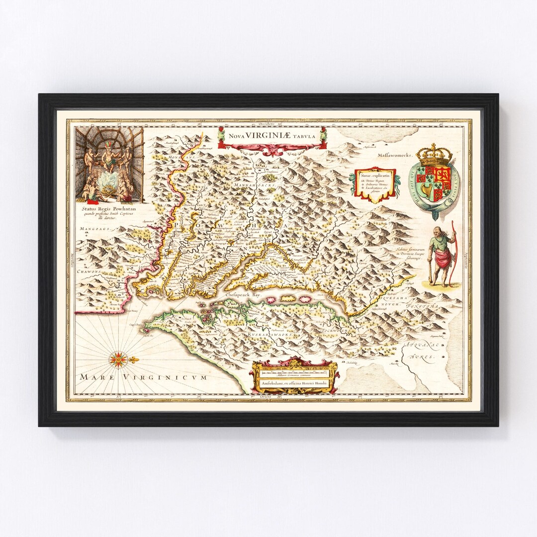 Virginia Map 1644 Old Map of Virginia Art Vintage Print Framed Wall Art ...