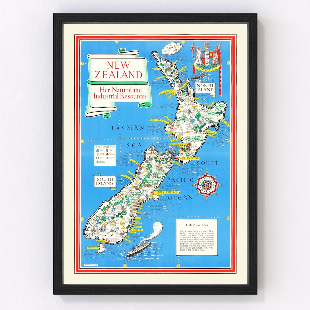 New Zealand Map 1943, Vintage New Zealand Map, Old New Zealand Art ...