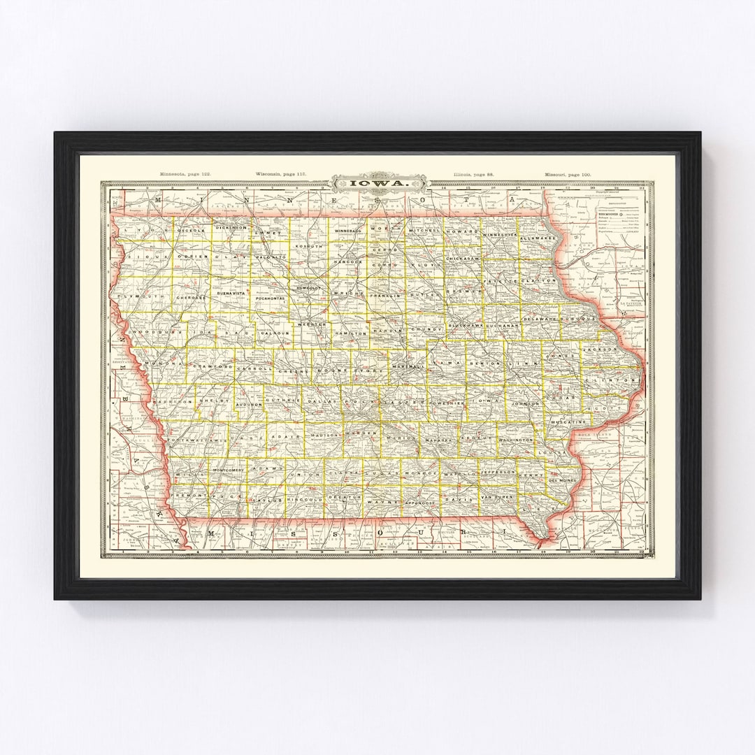 Iowa Map 1888, Vintage Iowa Map, Old Iowa Art, Wall Art Gift for Iowa ...