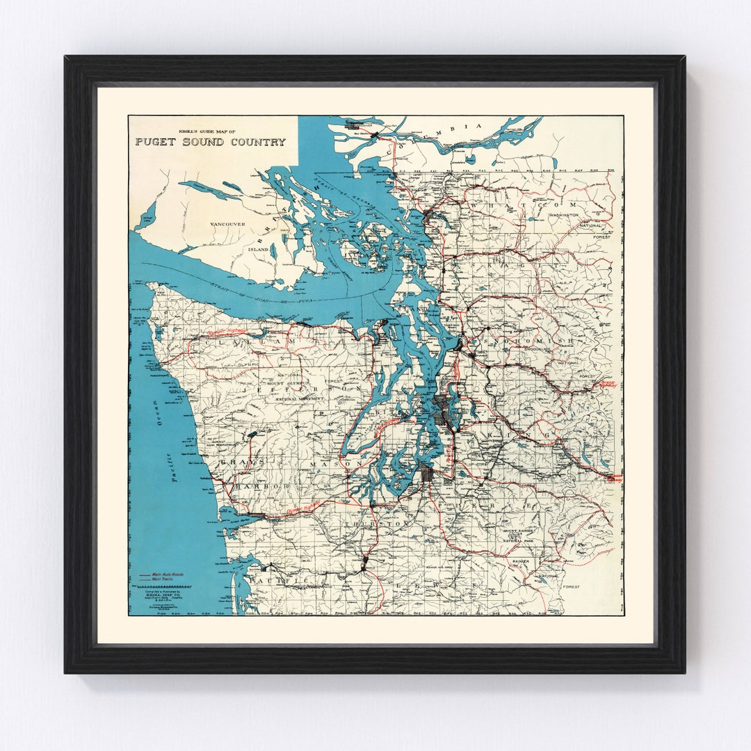 Puget Sound Map 1919 Old Map Of Puget Sound Art Vintage Print Framed Wall Art Canvas Portrait