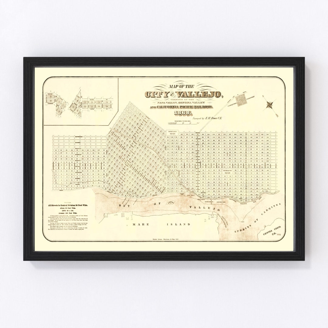 Vallejo Map 1868 Old Map of Vallejo California Art Vintage Print Framed ...