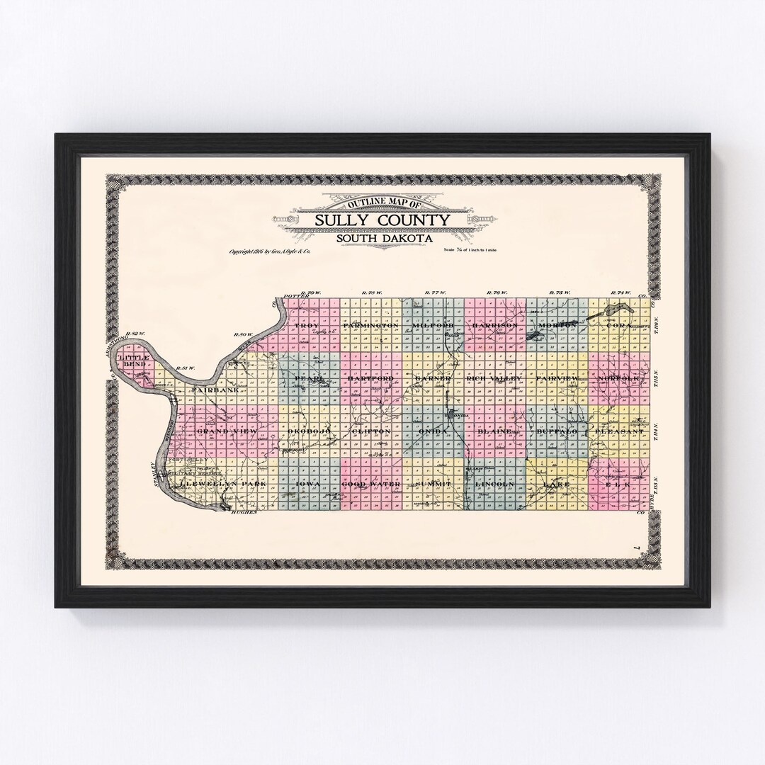Sully County SD Map 1916 Old Map of Onida South Dakota Art Vintage ...