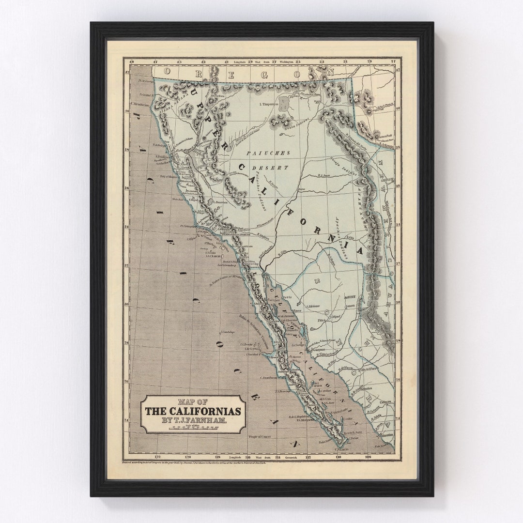 California Map 1842 Old Map of California Art Vintage Print Framed Wall ...