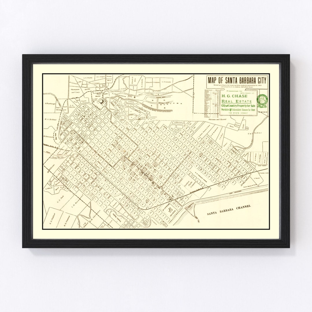 Santa Barbara Map 1916, Vintage Santa Barbara Map, Old Santa Barbara ...