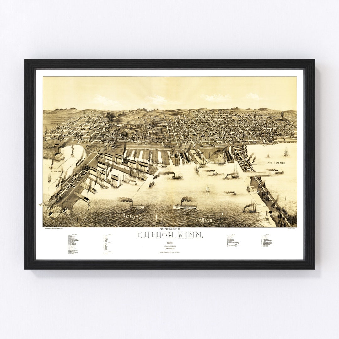 Duluth Map 1887 Old Map of Duluth Minnesota Art Vintage Print Framed ...