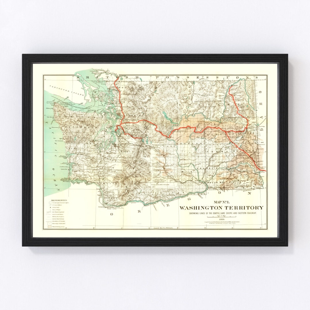 Washington Map 1888 Old Map of Washington Art Vintage Print Framed Wall ...