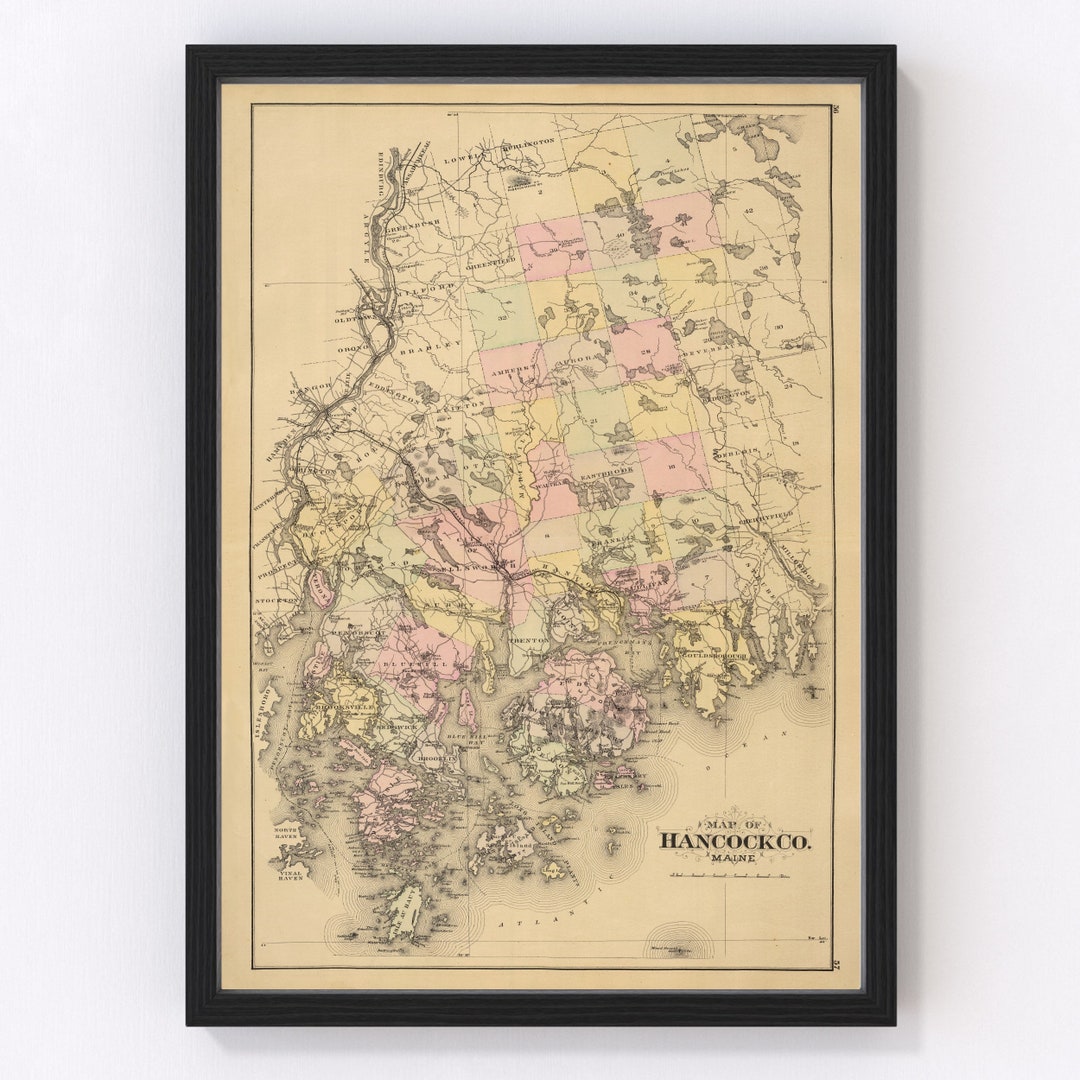 Hancock County ME Map 1885 - Old Map of Ellsworth Maine Art Vintage ...