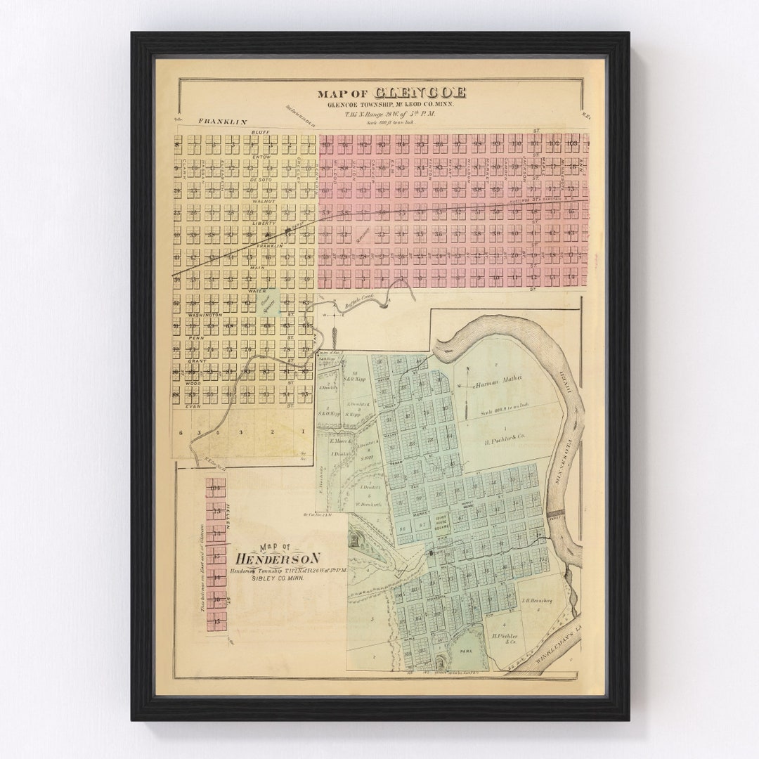 Glencoe Map 1874, Vintage Glencoe Map, Old Glencoe Minnesota Art, Wall ...